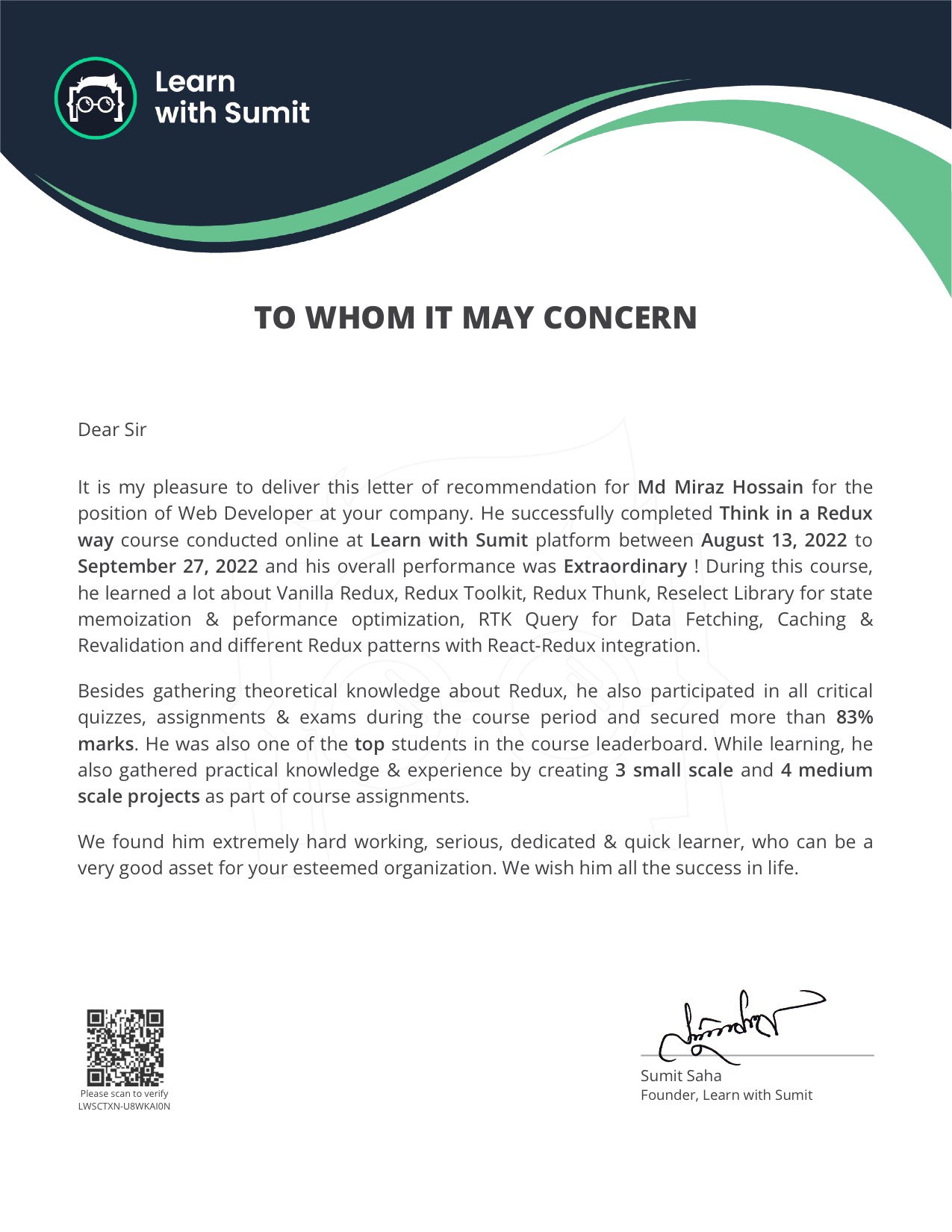 MD MIRAZ HOSSAIN's Performance Report - "Think in a Redux way" course ...